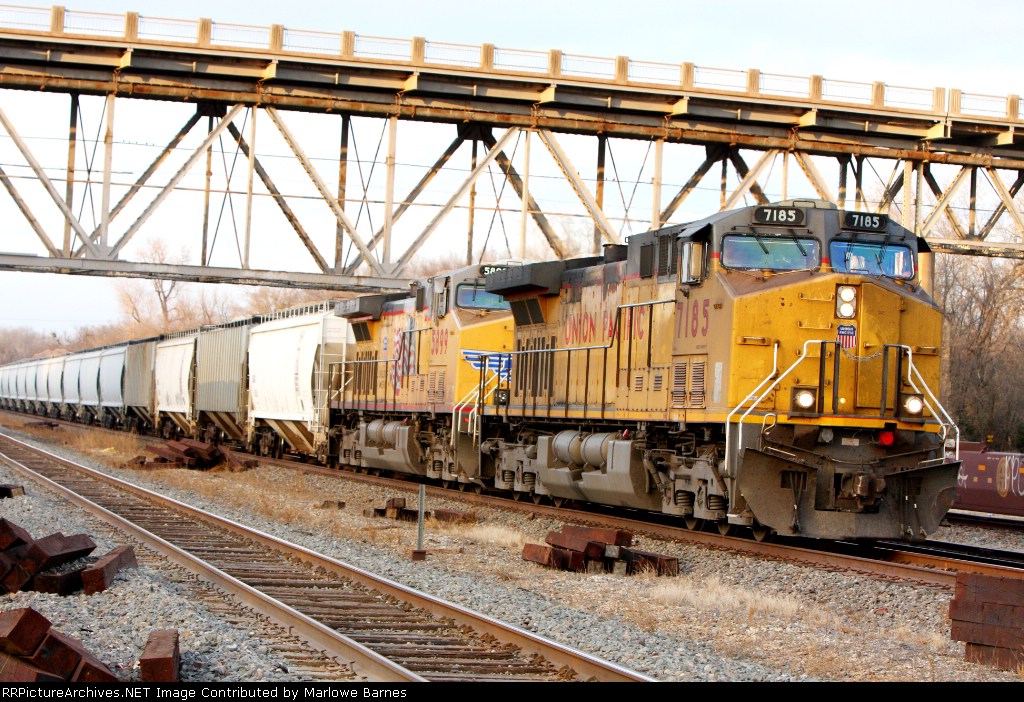 UP 7185 leads 115 cars of grain